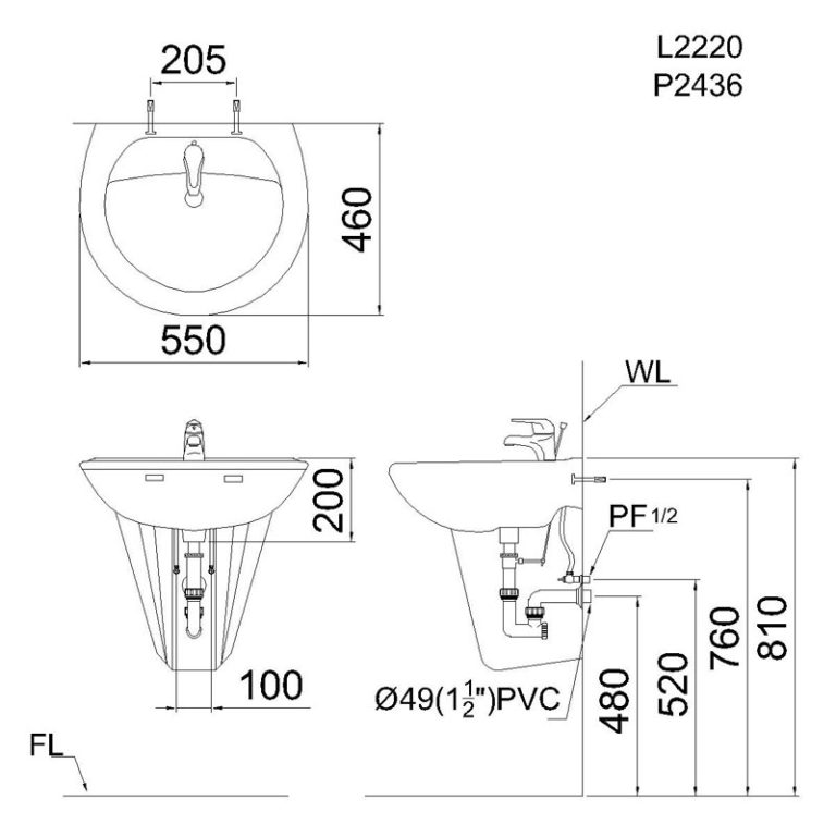 chậu lavabo treo tường CAESAR L2220 P2443 chân lửng | VUA THIẾT BỊ .COM