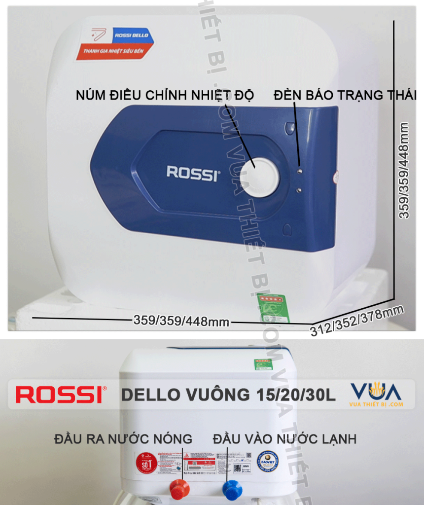 Bình nóng lạnh Rossi Dello 15L lít vuông RDO-15SQ gián tiếp 2500w giá rẻ nhất!